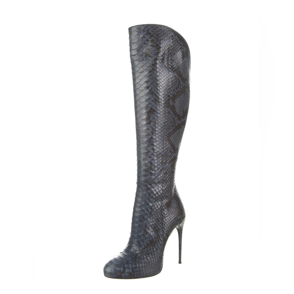 Gucci Kim Blue Python Platform Heeled Tall Boots - Gem